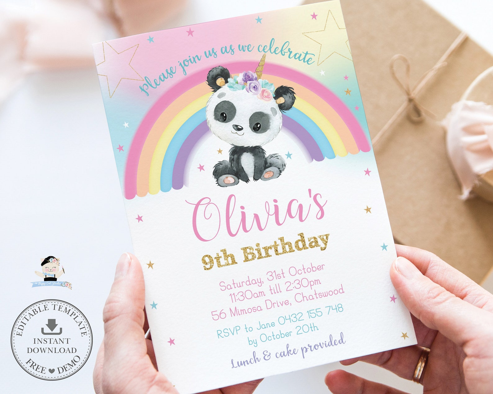 Panda Invitation EDITABLE TEMPLATE Cute Pandacorn Rainbow - Etsy