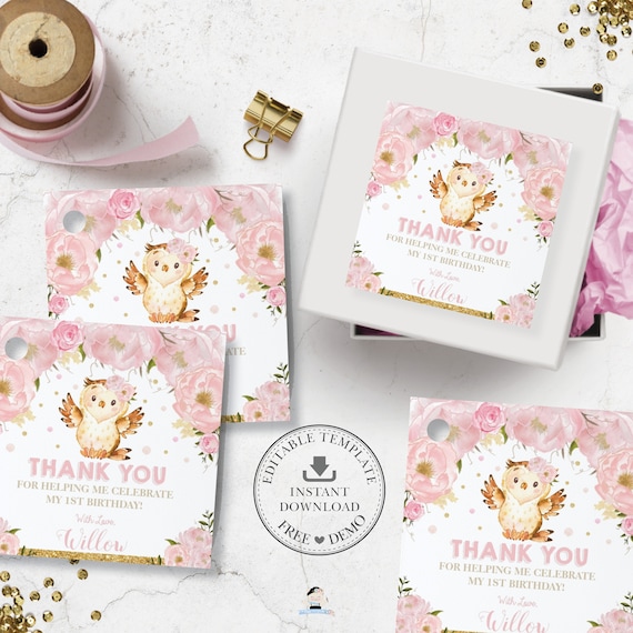 Owl Thank You Favor Tags, EDITABLE TEMPLATE, Blush Pink Floral Owl Baby ...