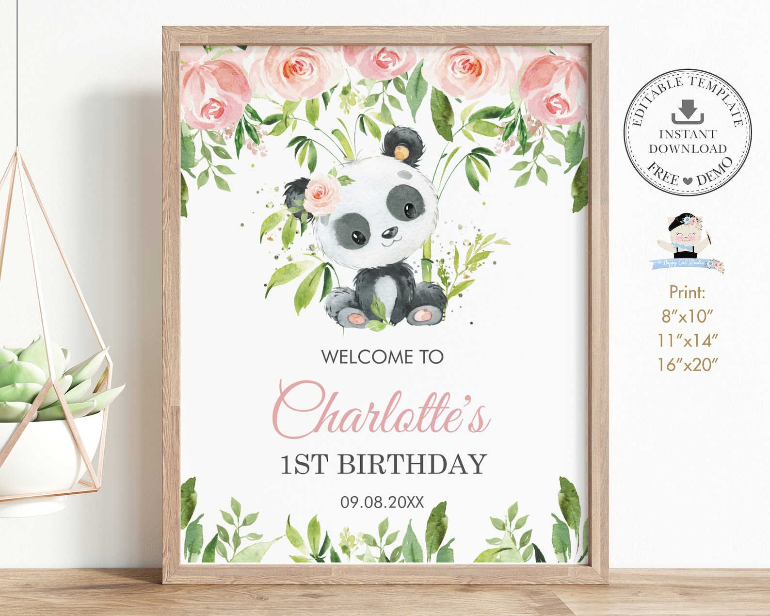 Panda Welcome Sign, EDITABLE TEMPLATE, Diy Pink Floral Greenery Cute ...