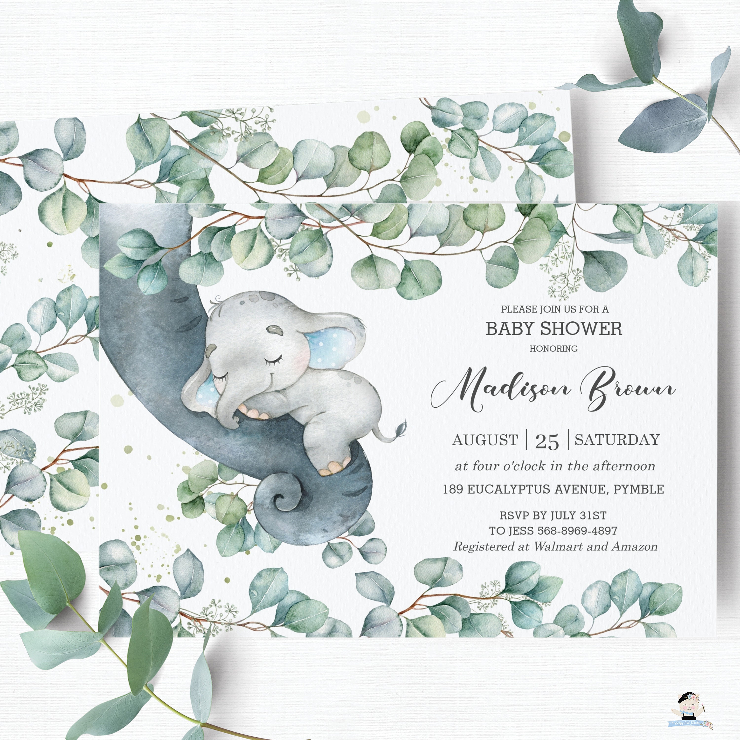 Elephant Baby Shower Invitation, EDITABLE TEMPLATE, Rustic Eucalyptus ...