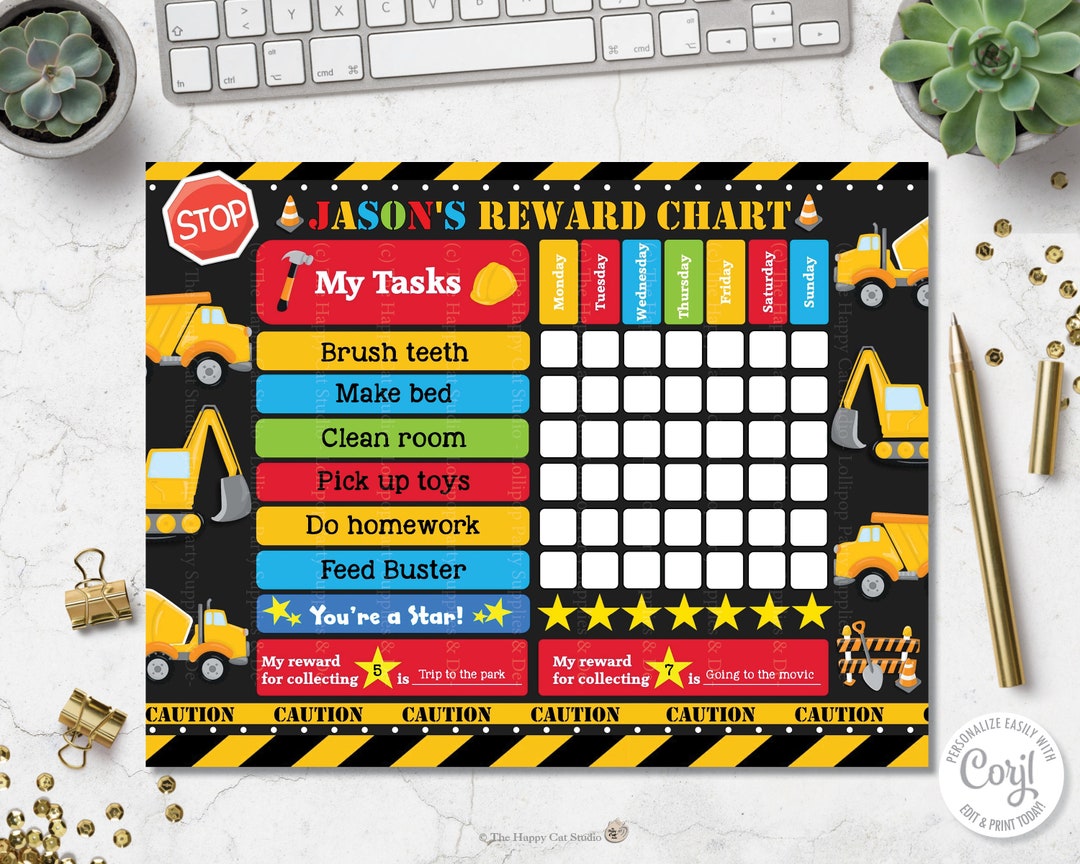 EDITABLE Template, Construction Reward Chart, Digital Printable, Digger ...