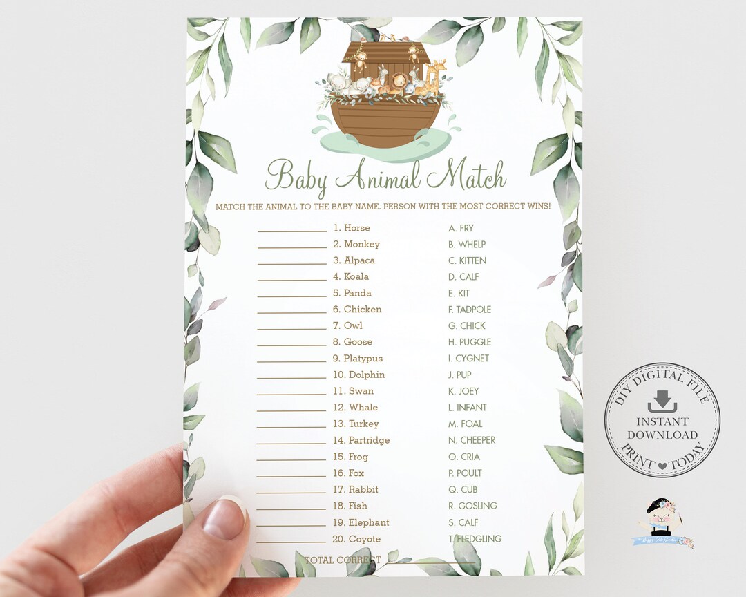 Baby Animal Match Game, INSTANT DOWNLOAD, Greenery Noah's Ark Baby ...