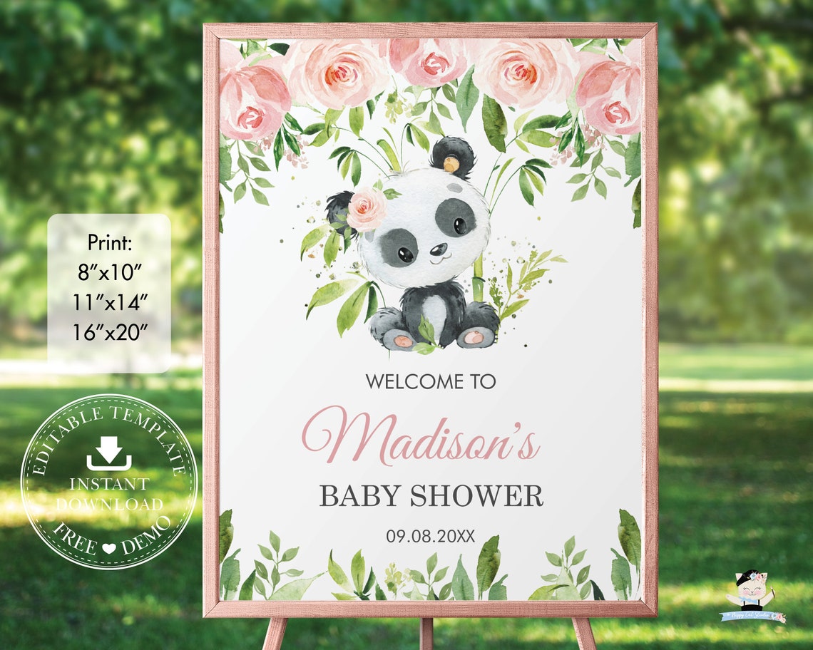 Panda Welcome Sign EDITABLE TEMPLATE Diy Pink Floral - Etsy