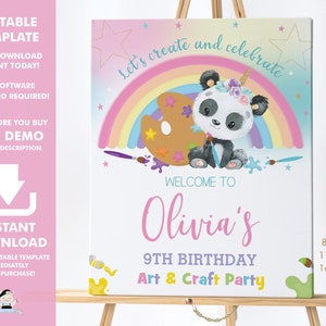 Panda Art Party Welcome Sign, EDITABLE TEMPLATE, Diy Rainbow Cute ...