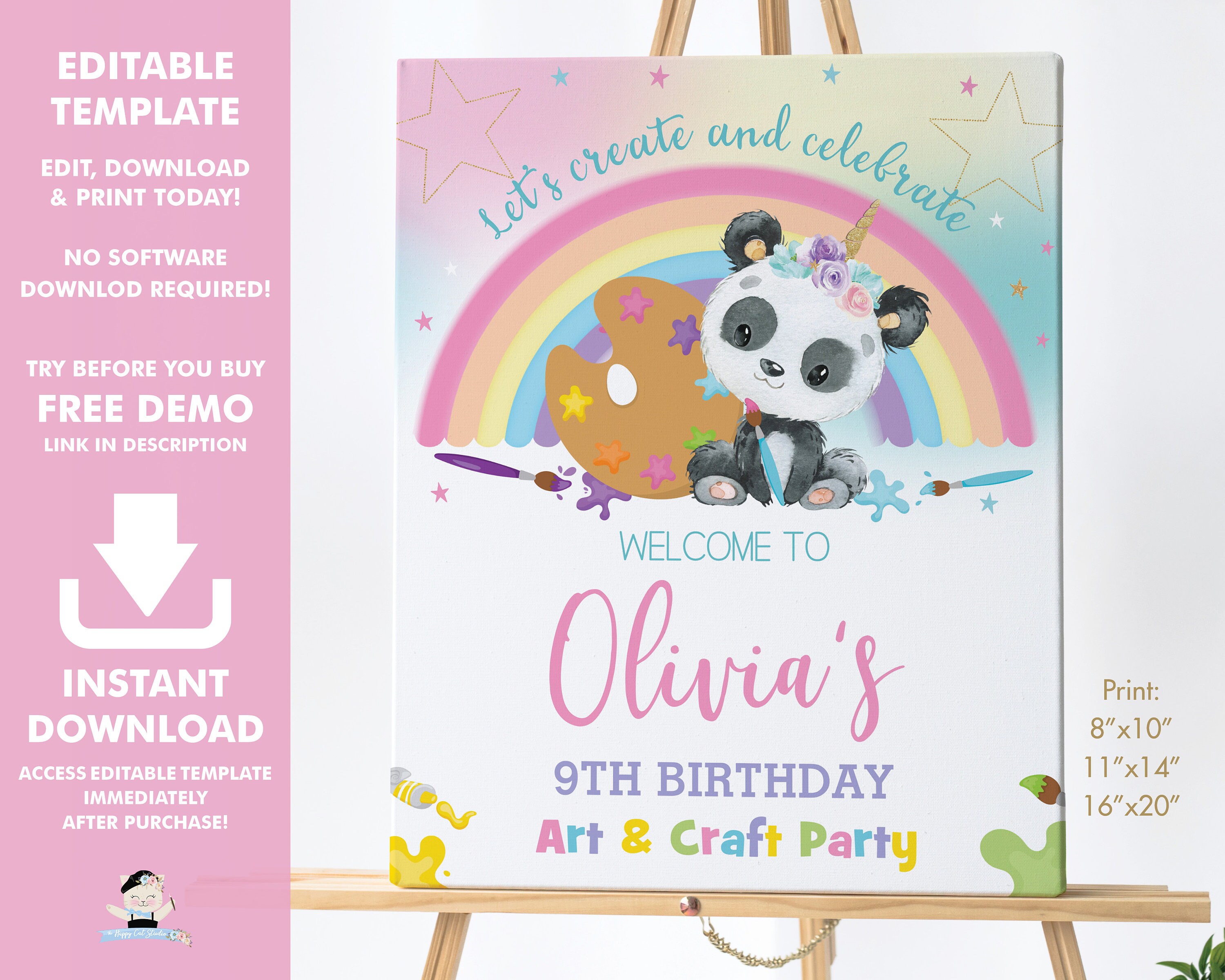 Panda Art Party Welcome Sign, EDITABLE TEMPLATE, Diy Rainbow Cute ...