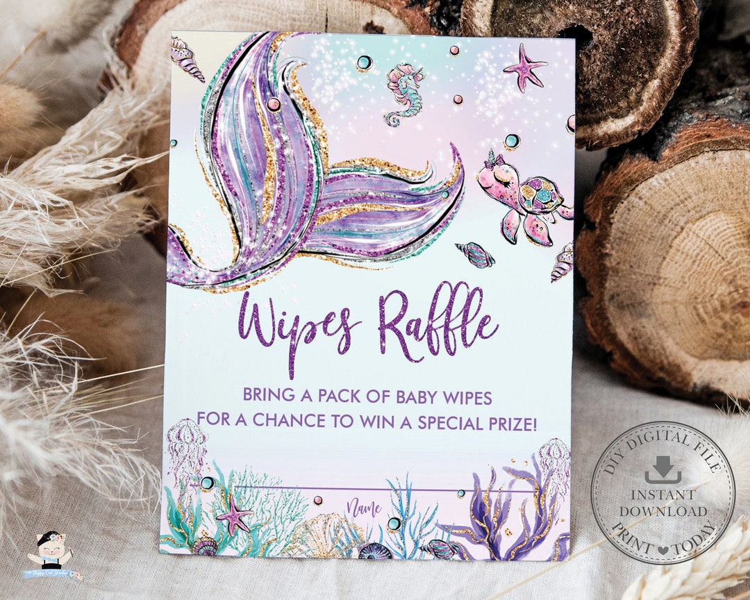 Mermaid Tail Wipes Raffle Ticket Insert Cards Baby Shower INSTANT ...