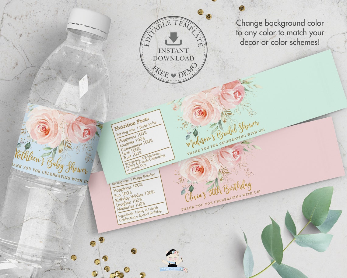Blush Floral Water Bottle Labels, EDITABLE TEMPLATE, Pink Roses Flowers ...