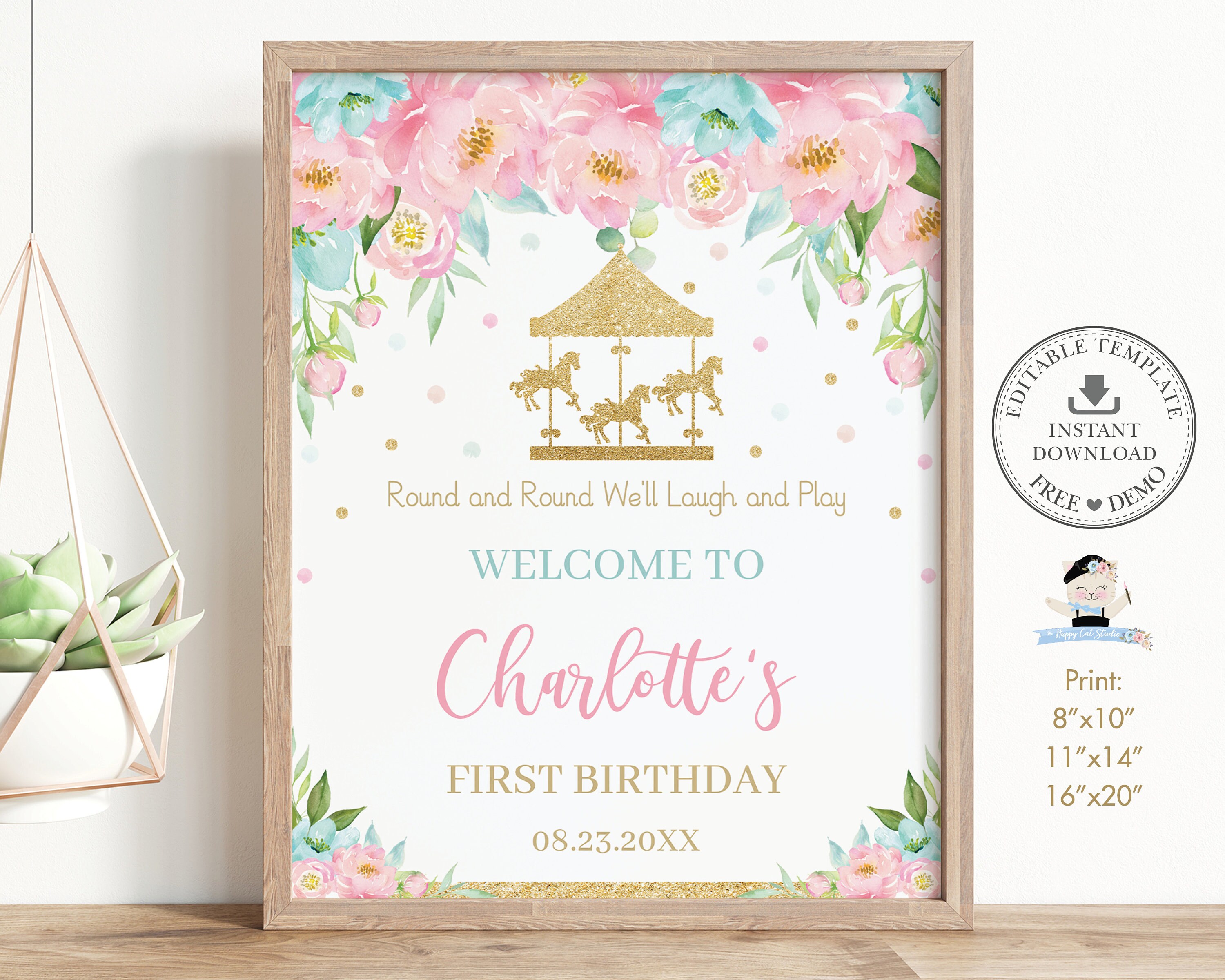 Pink Mint Floral Carousel Welcome Sign, EDITABLE TEMPLATE, Merry Go ...