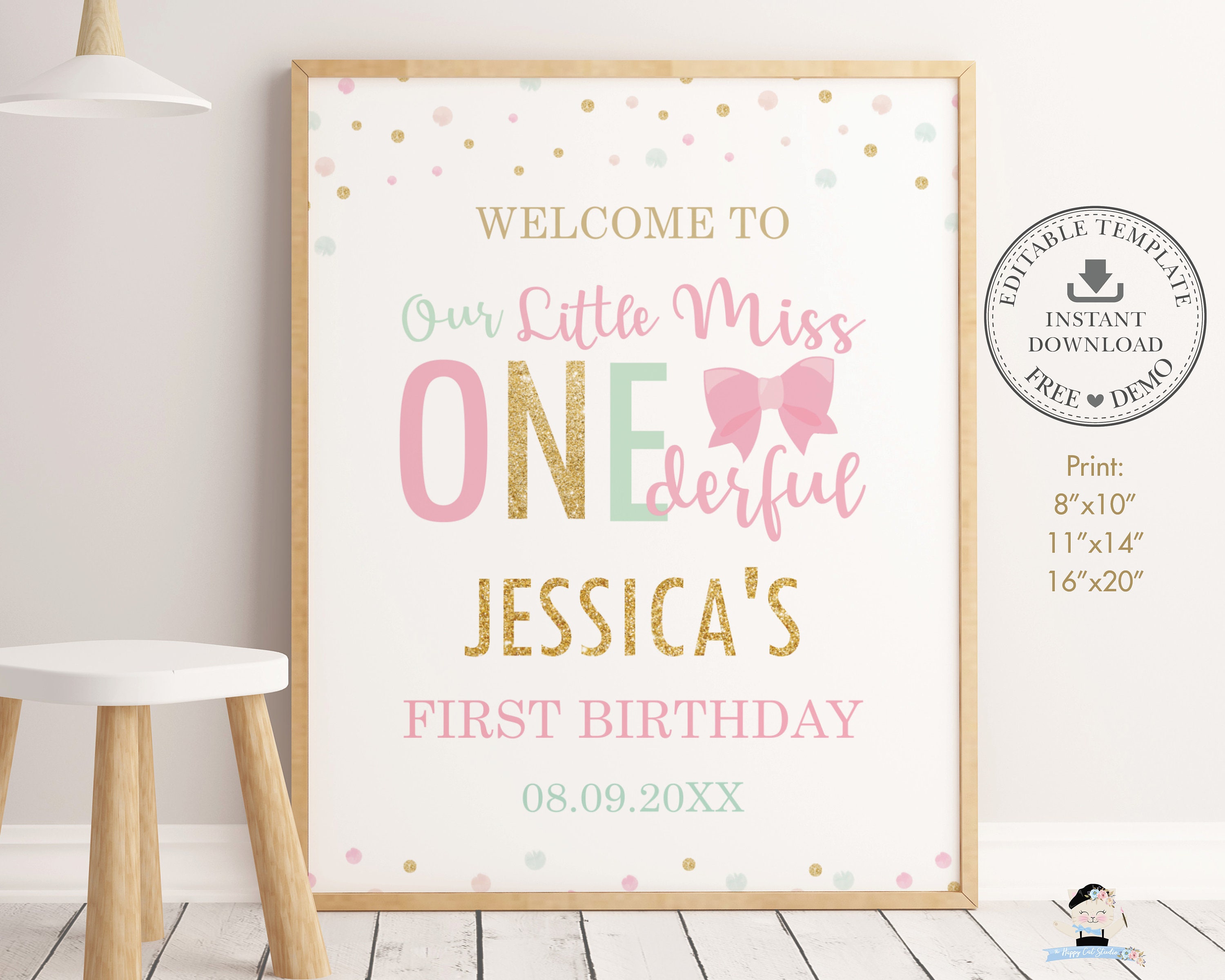 Little Miss Onederful Welcome Sign, EDITABLE TEMPLATE, Pink Mint Gold ...