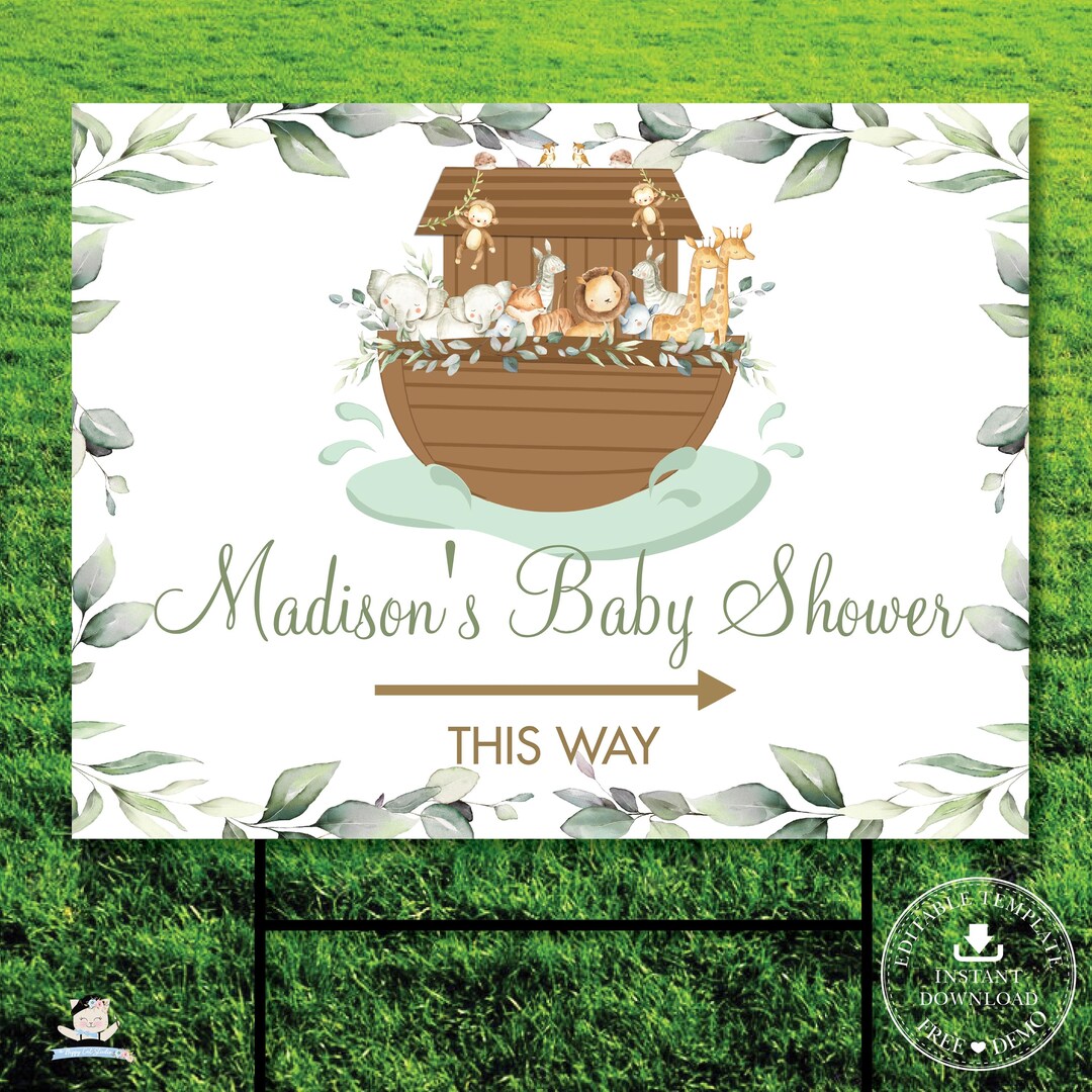 Noah's Ark Yard Sign, EDITABLE TEMPLATE Cute Animals Greenery Bible ...