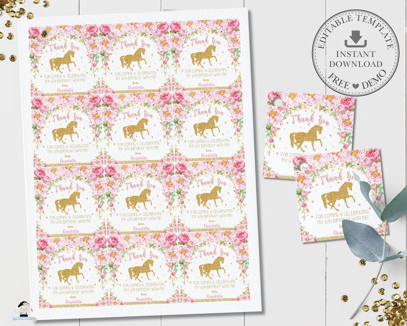 Horse Thank You Tags EDITABLE TEMPLATE Pink Floral Glitter - Etsy