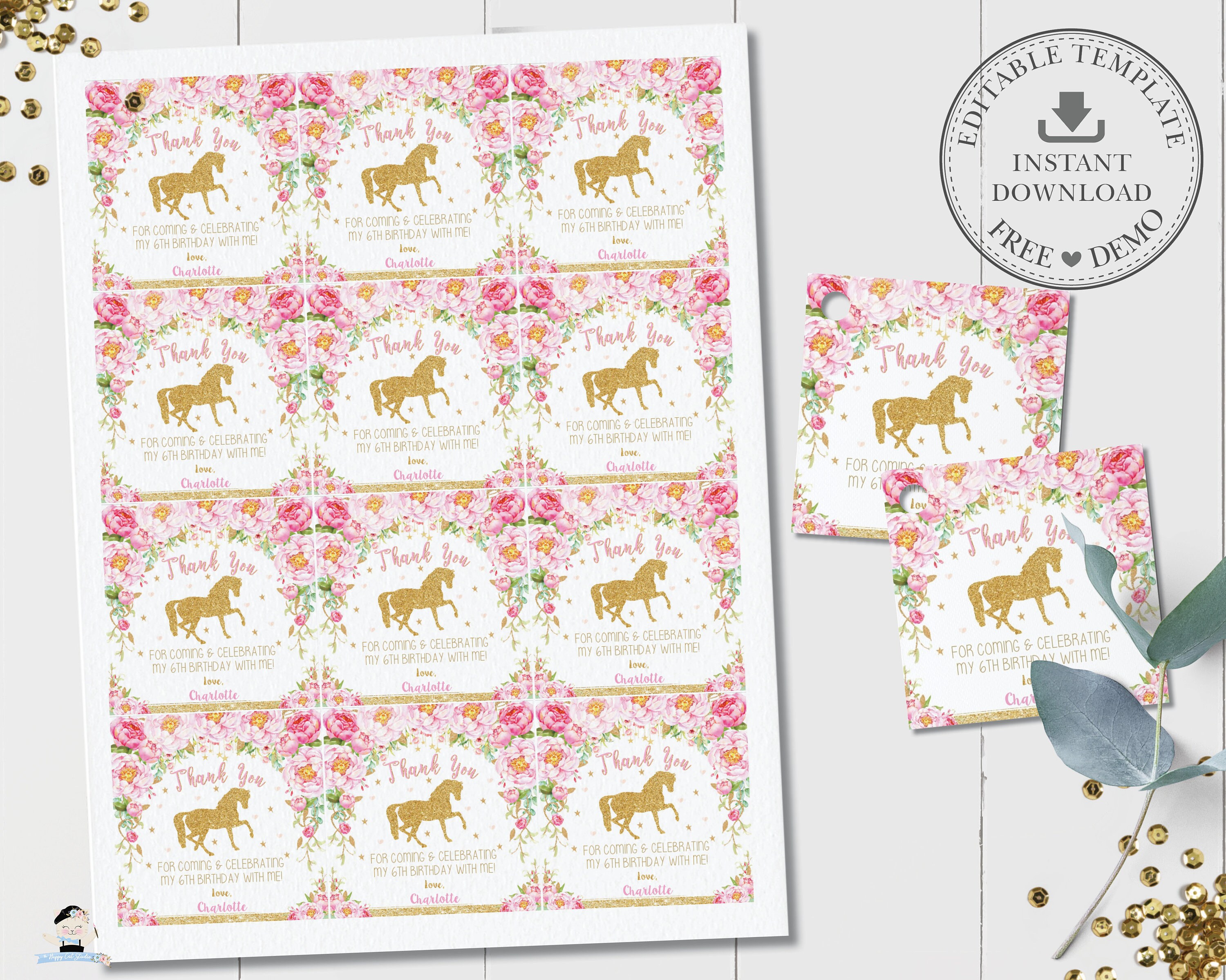 Horse Thank You Tags, EDITABLE TEMPLATE, Pink Floral Glitter Gold Pony ...