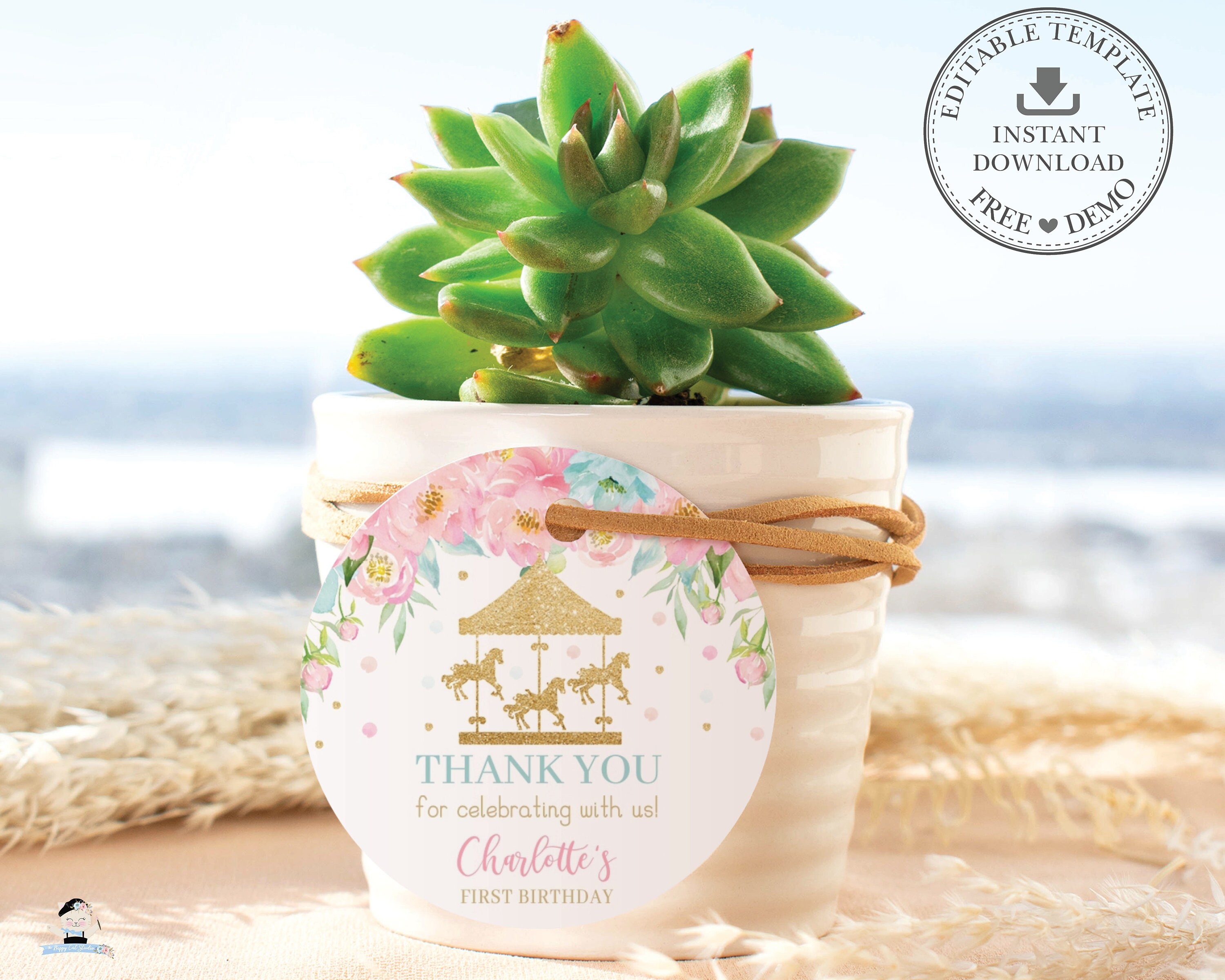 Carousel Circle Label 2 Inches, EDITABLE TEMPLATE, Merry Go Round 1st ...