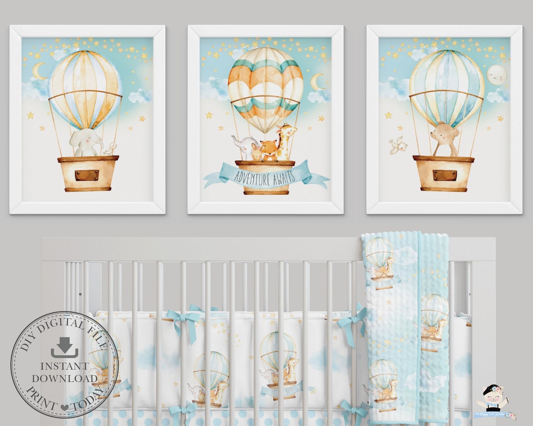 Hot Air Balloon Nursery Wall Art, Cute Animals Printable, Jungle ...