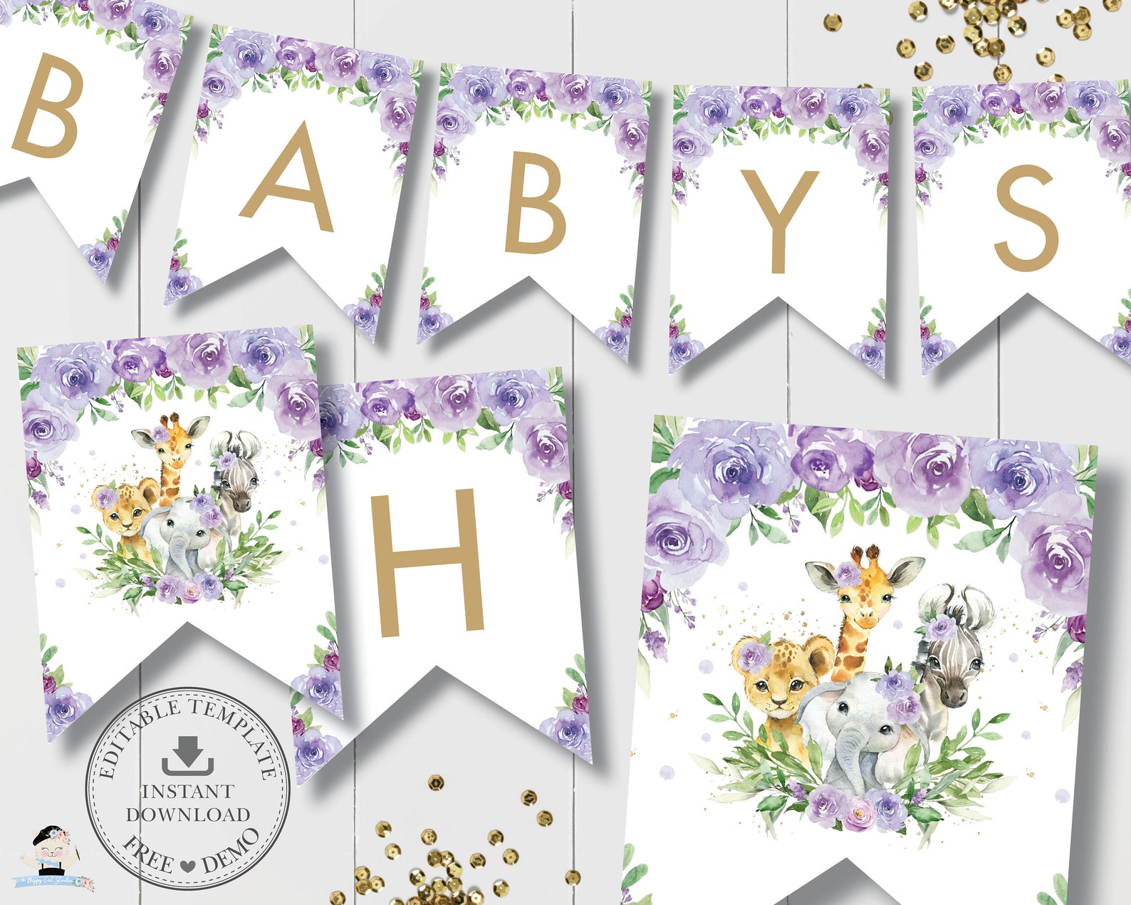 Jungle Animals Flag Banner, EDITABLE TEMPLATE, Purple Lilac Floral ...