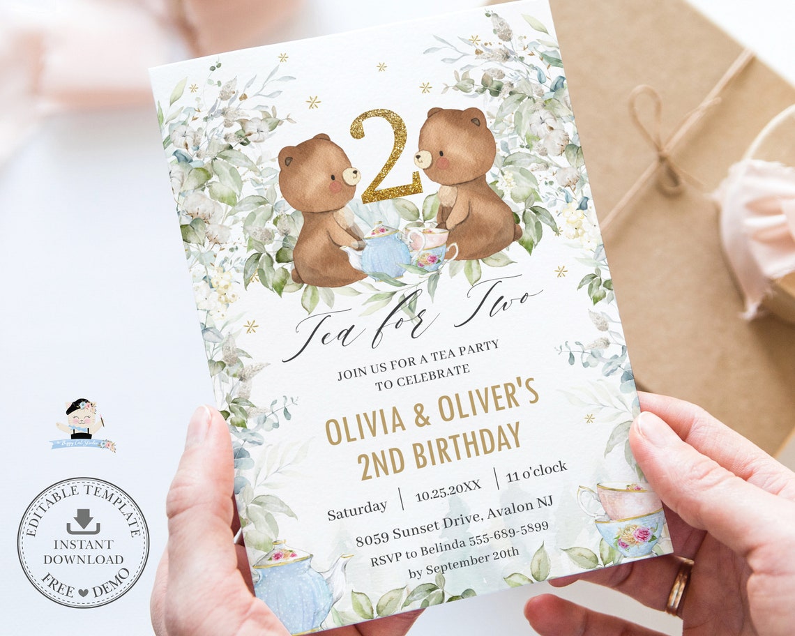 Teddy Bear Tea Party Greenery Invitation EDITABLE TEMPLATE, Tea for Two ...