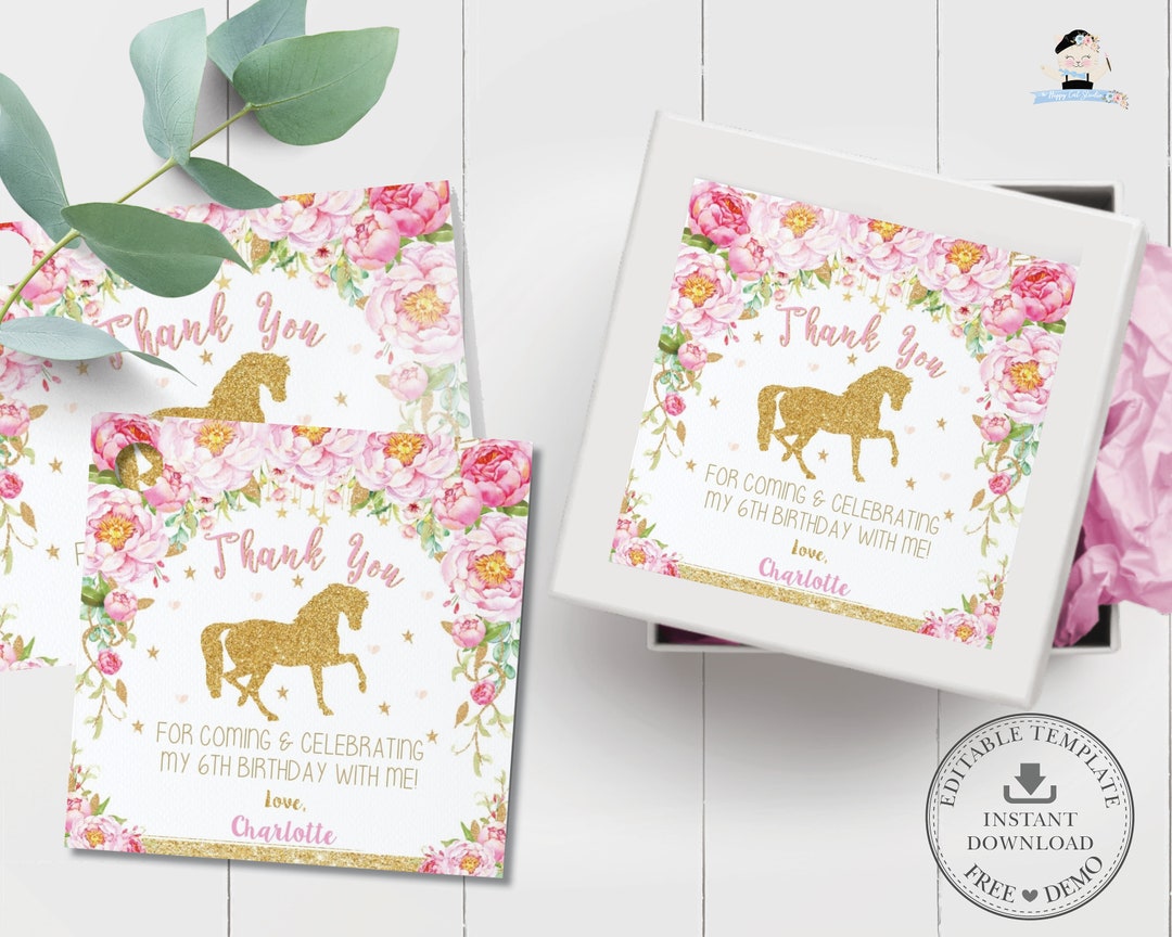 Horse Thank You Tags, EDITABLE TEMPLATE, Pink Floral Glitter Gold Pony ...