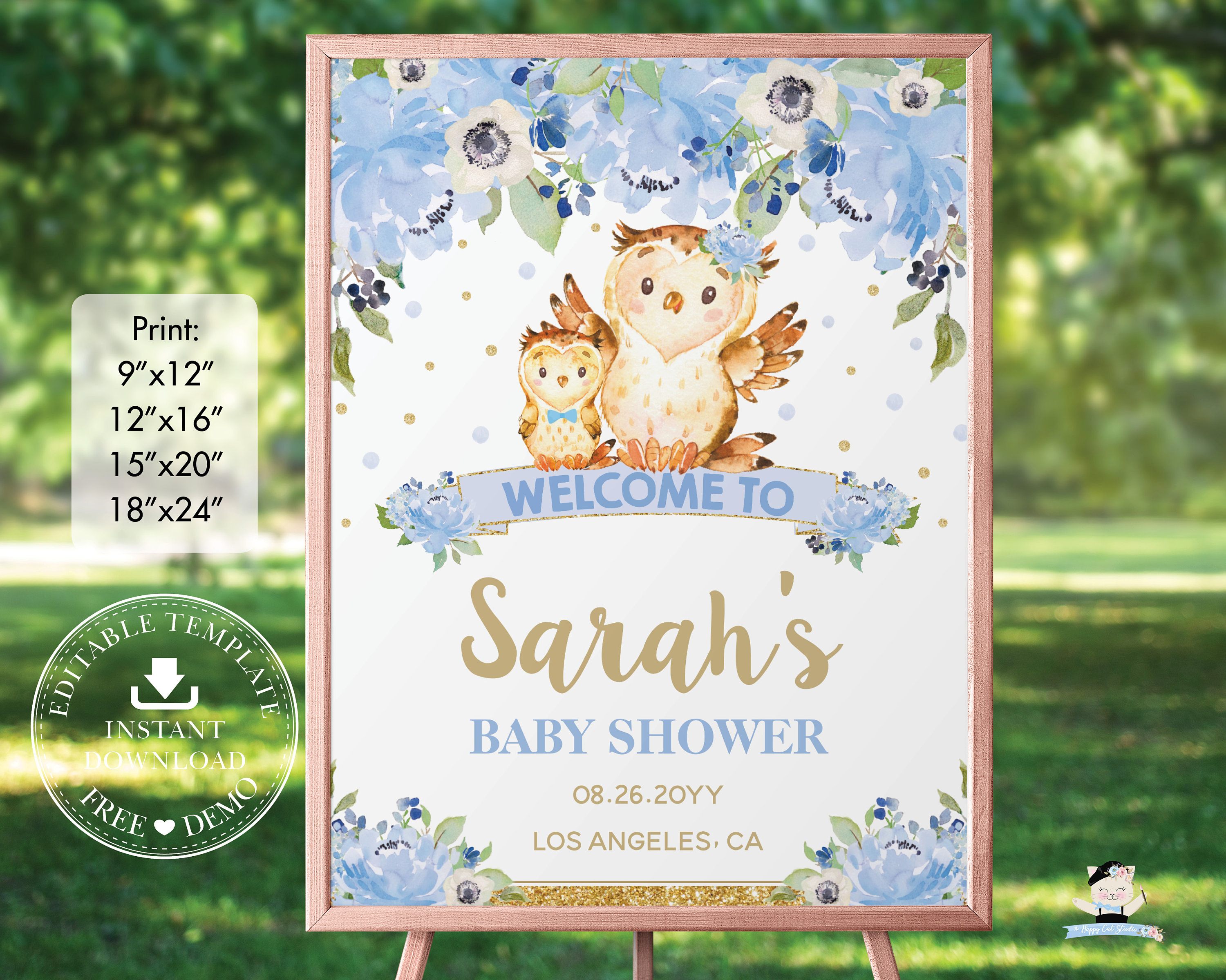 Owls Blue Floral Welcome Sign, EDITABLE TEMPLATE, Mommy Baby Owl ...