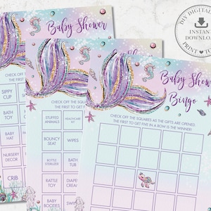 Mermaid Tail Baby Shower Bingo Game, Pre-filled Blank Cards, Baby Girl ...