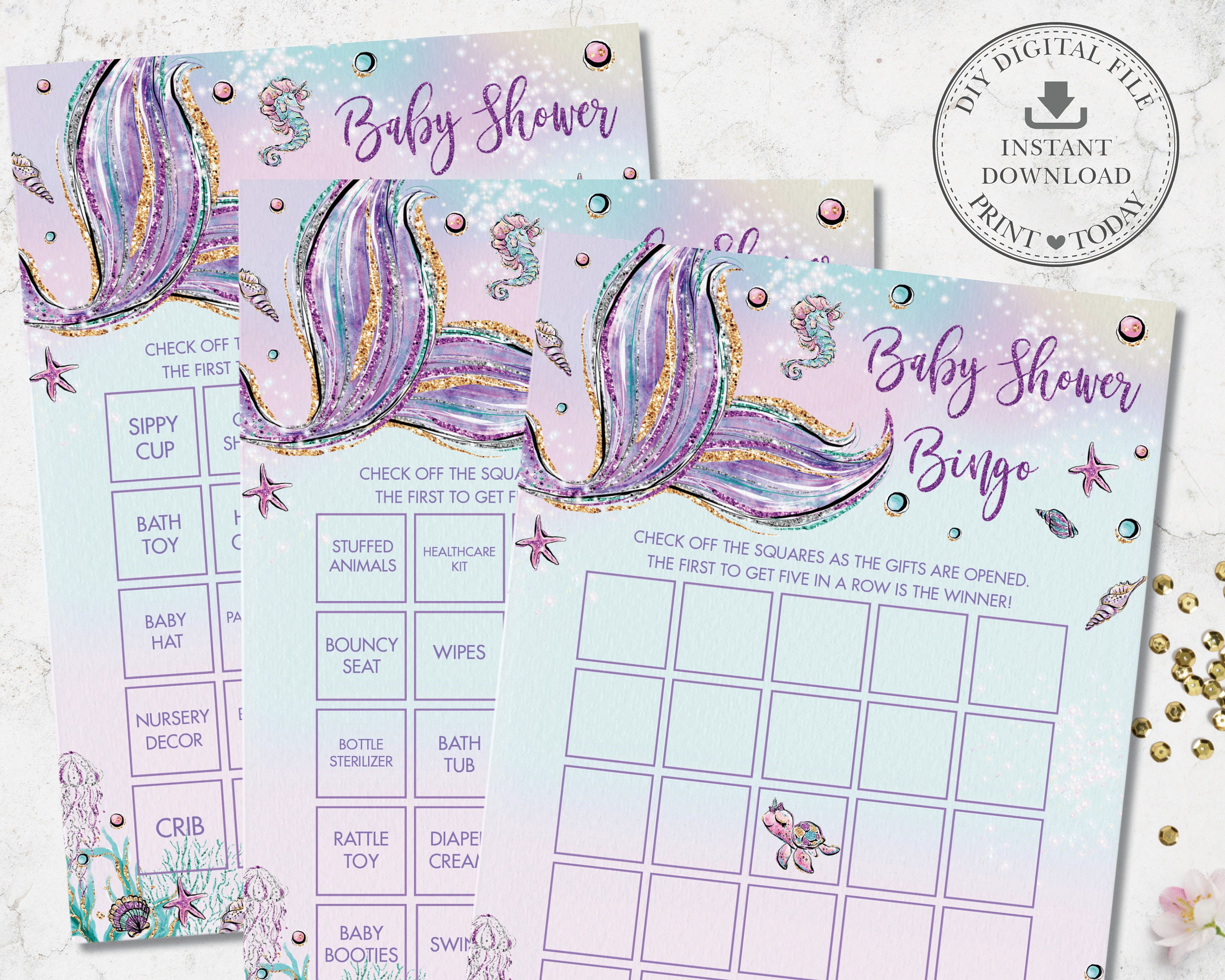 Mermaid Tail Baby Shower Bingo Game Pre-filled Blank Cards | Etsy