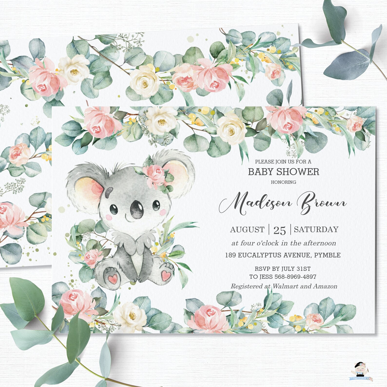 Cute Koala Baby Shower Invitation, EDITABLE TEMPLATE, Eucalyptus ...