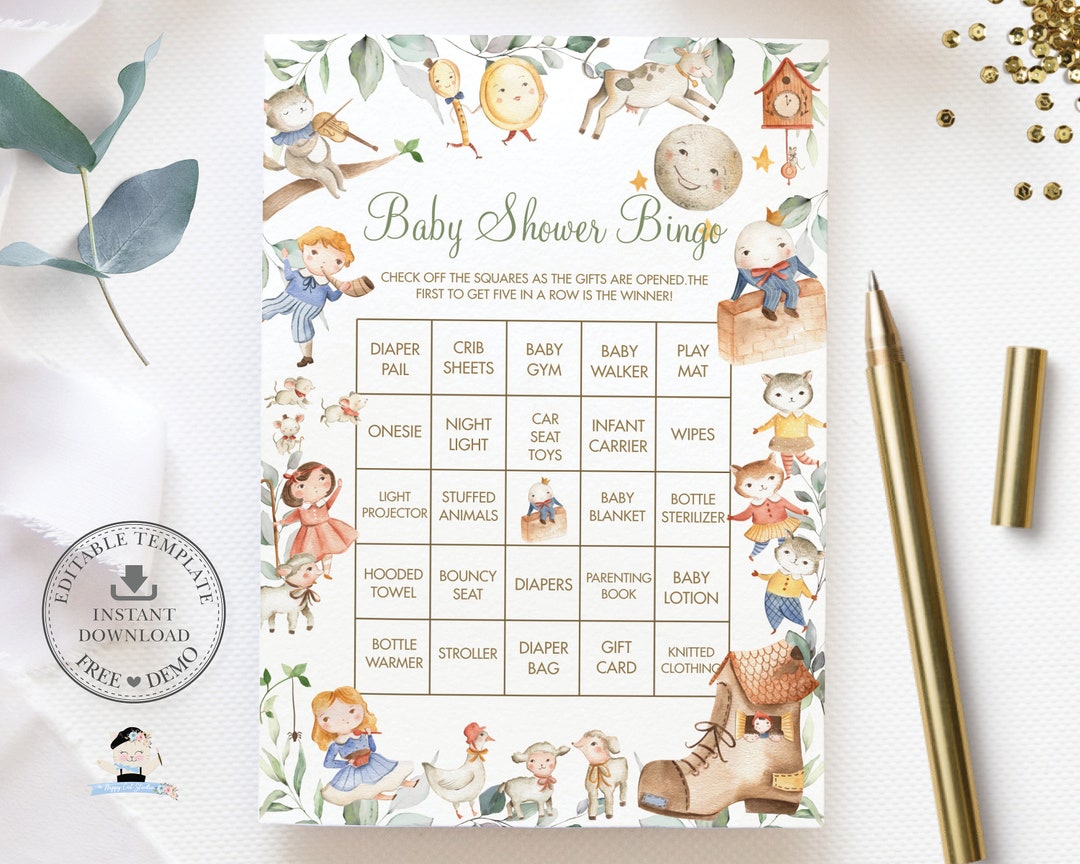 EDITABLE TEMPLATE, Nursery Rhyme Baby Shower Bingo Game Fun Storybook ...
