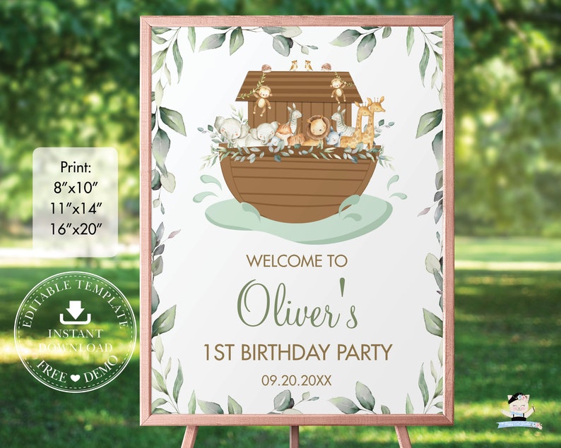 Noah's Ark Welcome Sign, EDITABLE TEMPLATE, Chic Greenery Noahs Ark ...