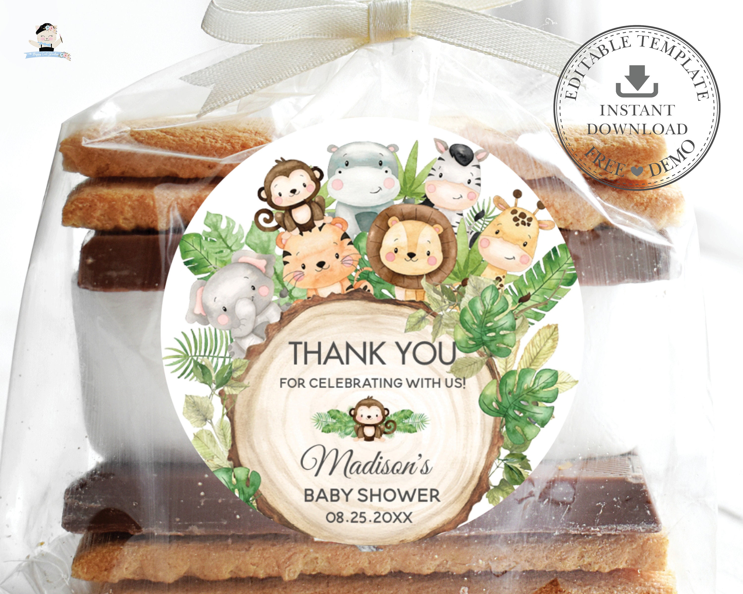 Cute Jungle Animals 2" Circle Label EDITABLE TEMPLATE, Greenery Thank ...