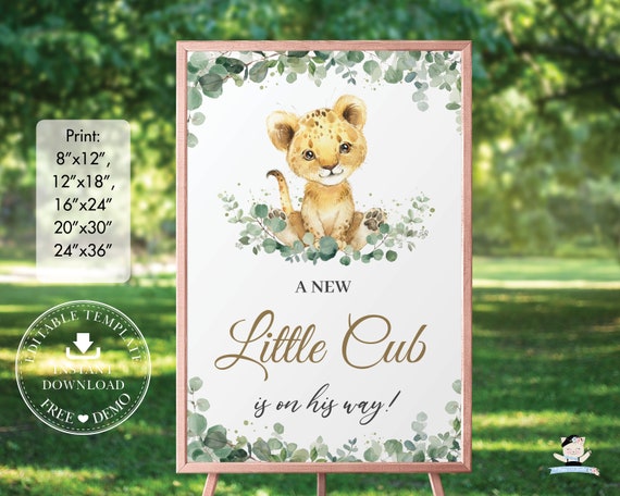 Cute Lion Cub Greenery Welcome Sign EDITABLE TEMPLATE Chic - Etsy