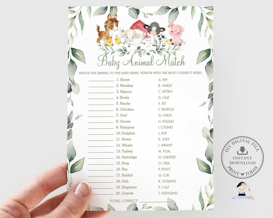 Baby Animal Match Game, INSTANT DOWNLOAD, Greenery Farm Animals ...