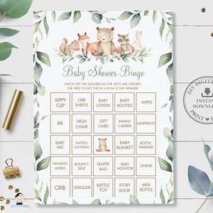 Woodland Animals Baby Bingo Printable, INSTANT DOWNLOAD, Pre-filled ...