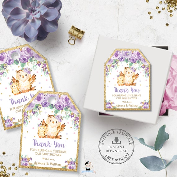 Owl Baby Shower Thank You Tags Editable Woodland Baby Shower Thank You