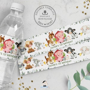 Cute Farm Animals Water Bottle Labels, EDITABLE TEMPLATE, Sticker ...