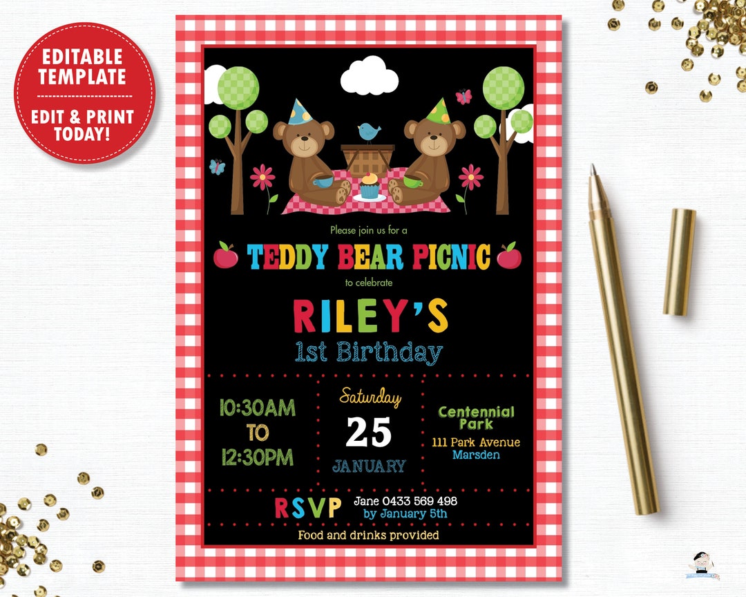 Teddy Bear Picnic Invitation, EDITABLE TEMPLATE, Teddy Bears Picnic ...