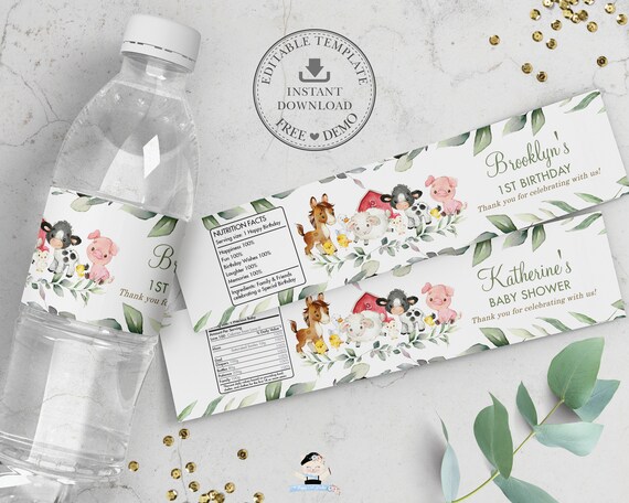 Farm Animals Water Bottle Labels, EDITABLE TEMPLATE, Chic Barnyard ...