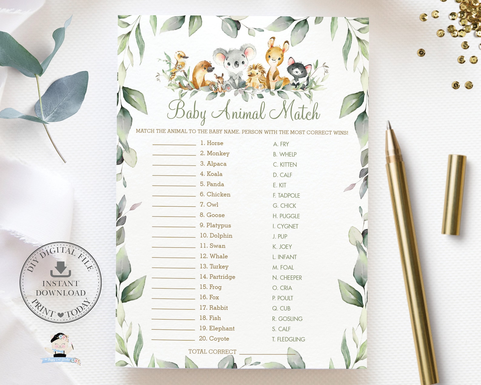 Baby Animal Match Game, INSTANT DOWNLOAD, Greenery Australian Animals ...