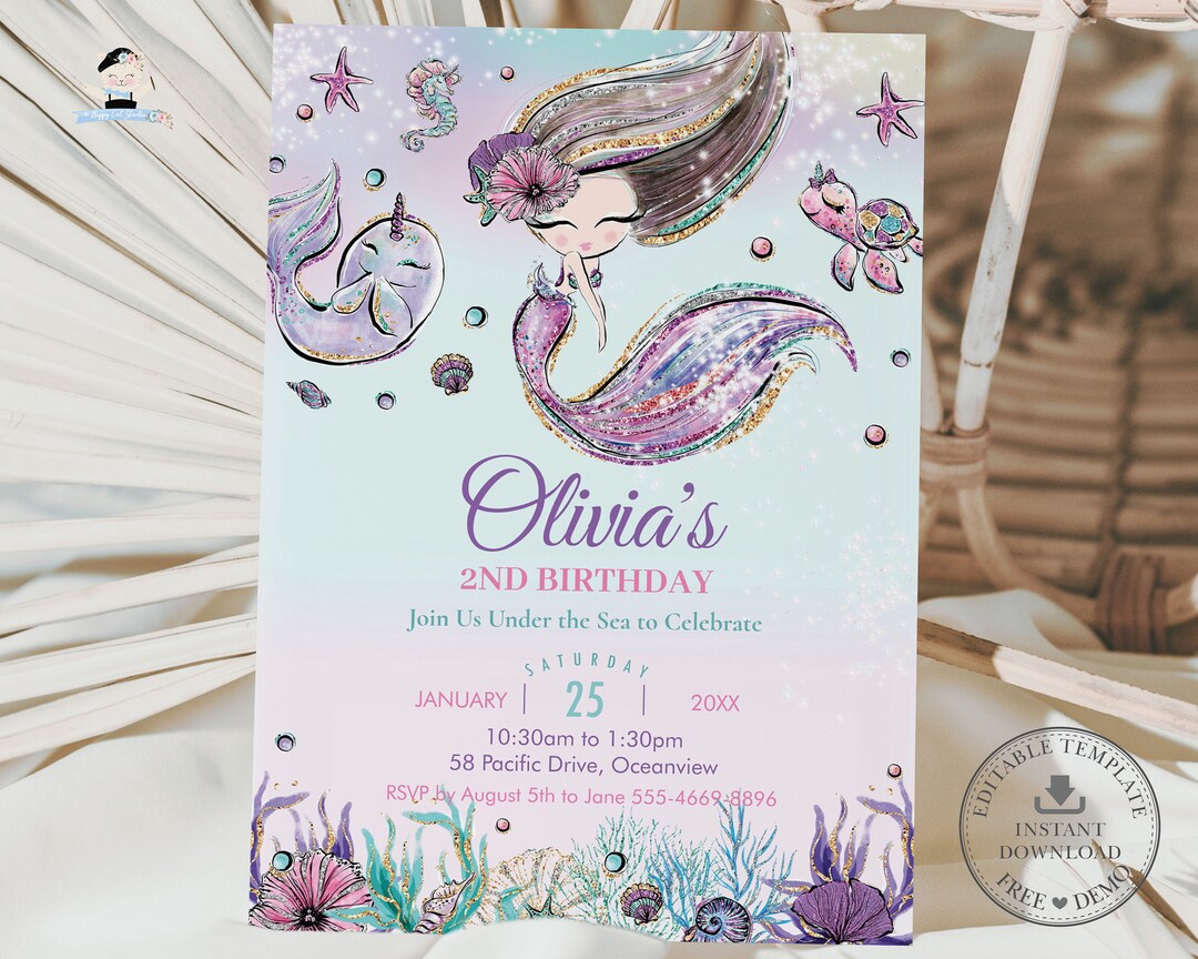 Cute Little Mermaid Birthday Invitation Printable, EDITABLE TEMPLATE ...