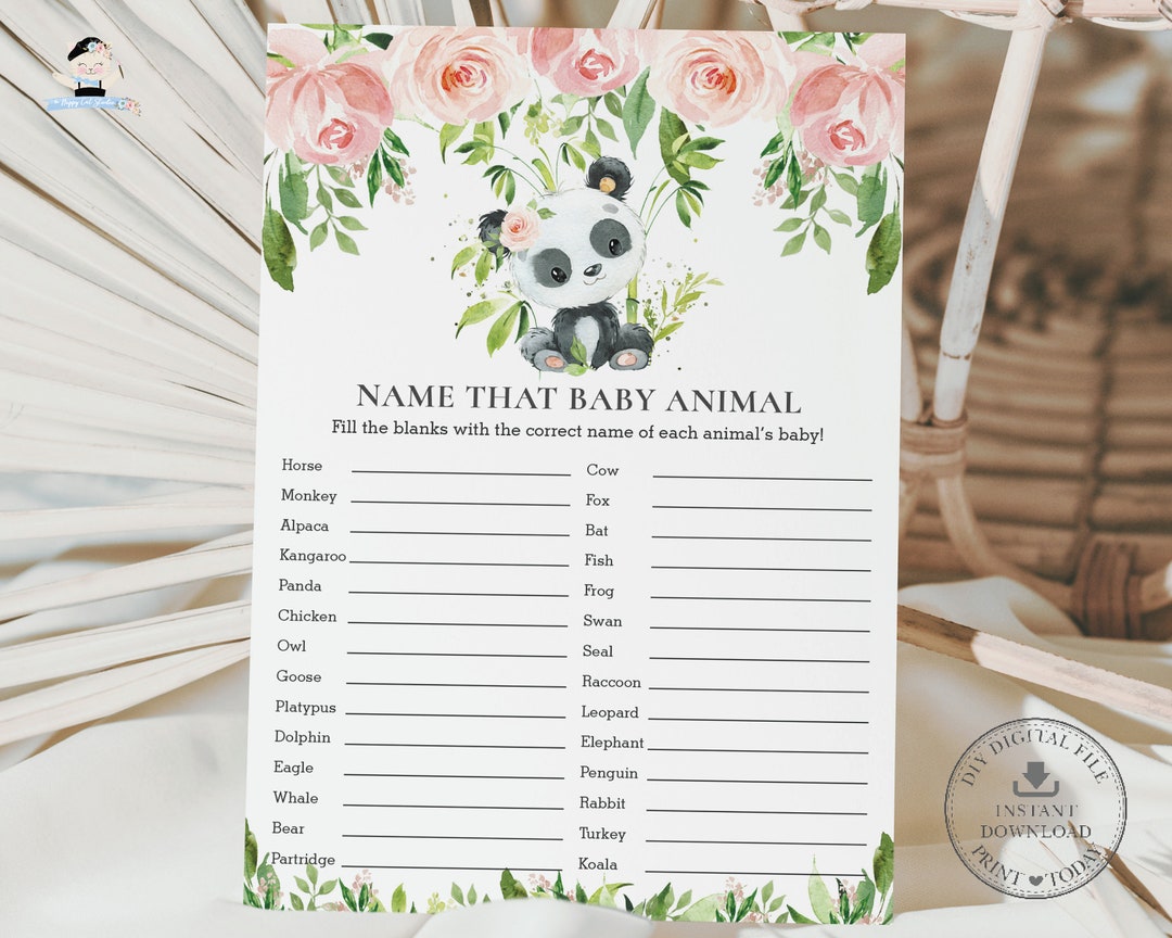 Name That Baby Animal Game INSTANT DOWNLOAD Cute Panda Bear Pink Floral ...