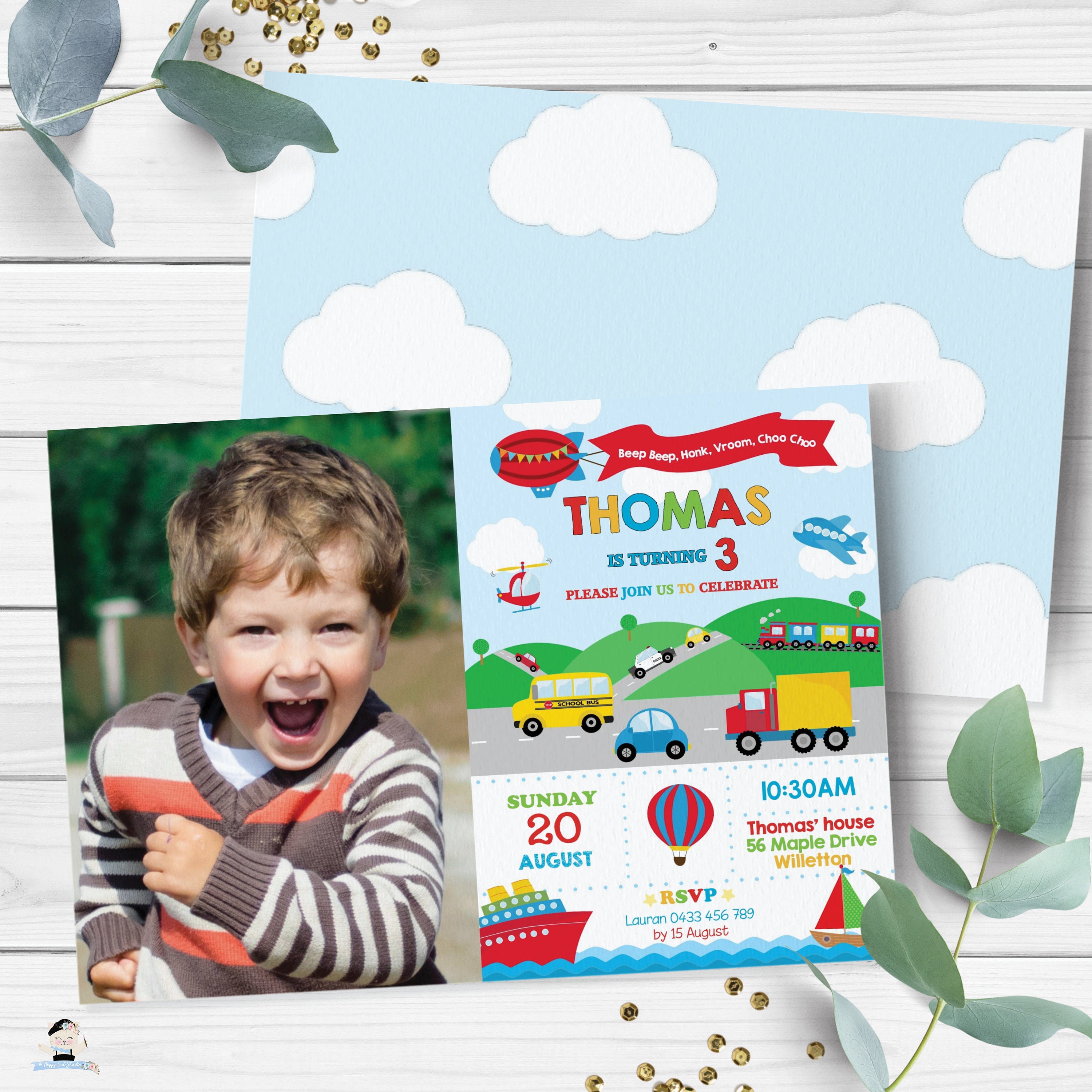 Transportation Birthday Party Invitation, EDITABLE TEMPLATE, Vibrant ...