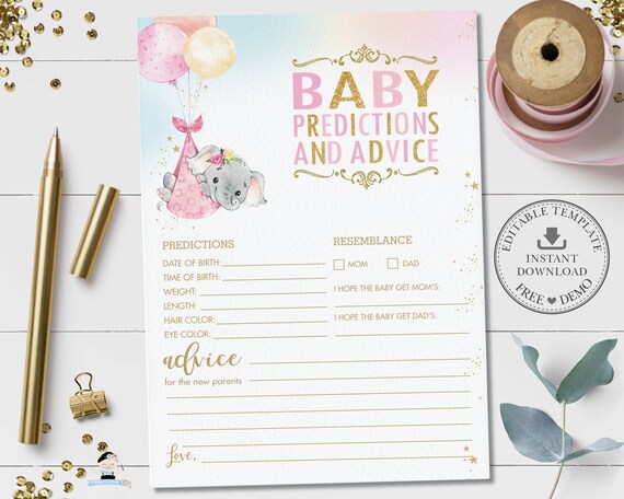 Baby Predictions and Advice Card, EDITABLE TEMPLATE, Elephant Pink ...