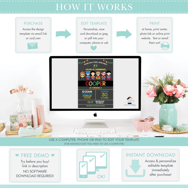 Superhero Invitation EDITABLE TEMPLATE Instant Download - Etsy