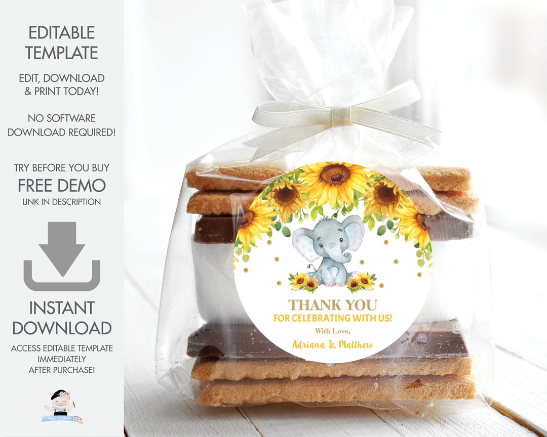 EDITABLE TEMPLATE Elephant 2" Circle Tags, Thank You Sticker Favors ...