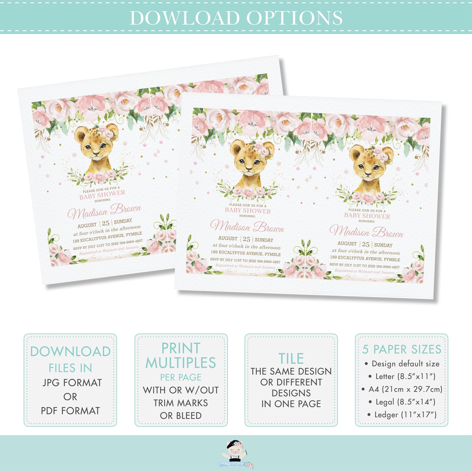 Lion Cub Blush Pink Floral Water Bottle Labels EDITABLE - Etsy