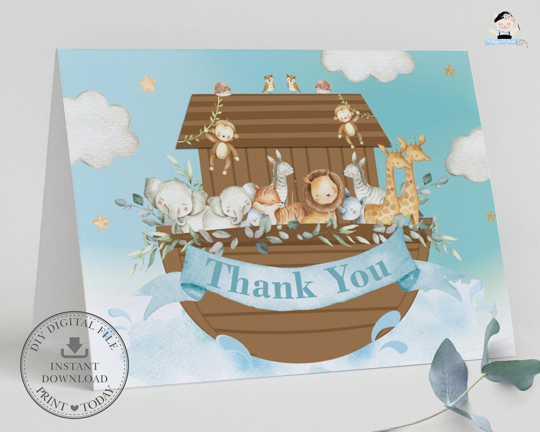 Noah's Ark Folded Tent Thank You Card, INSTANT DOWNLOAD, Blue Boy Noahs ...