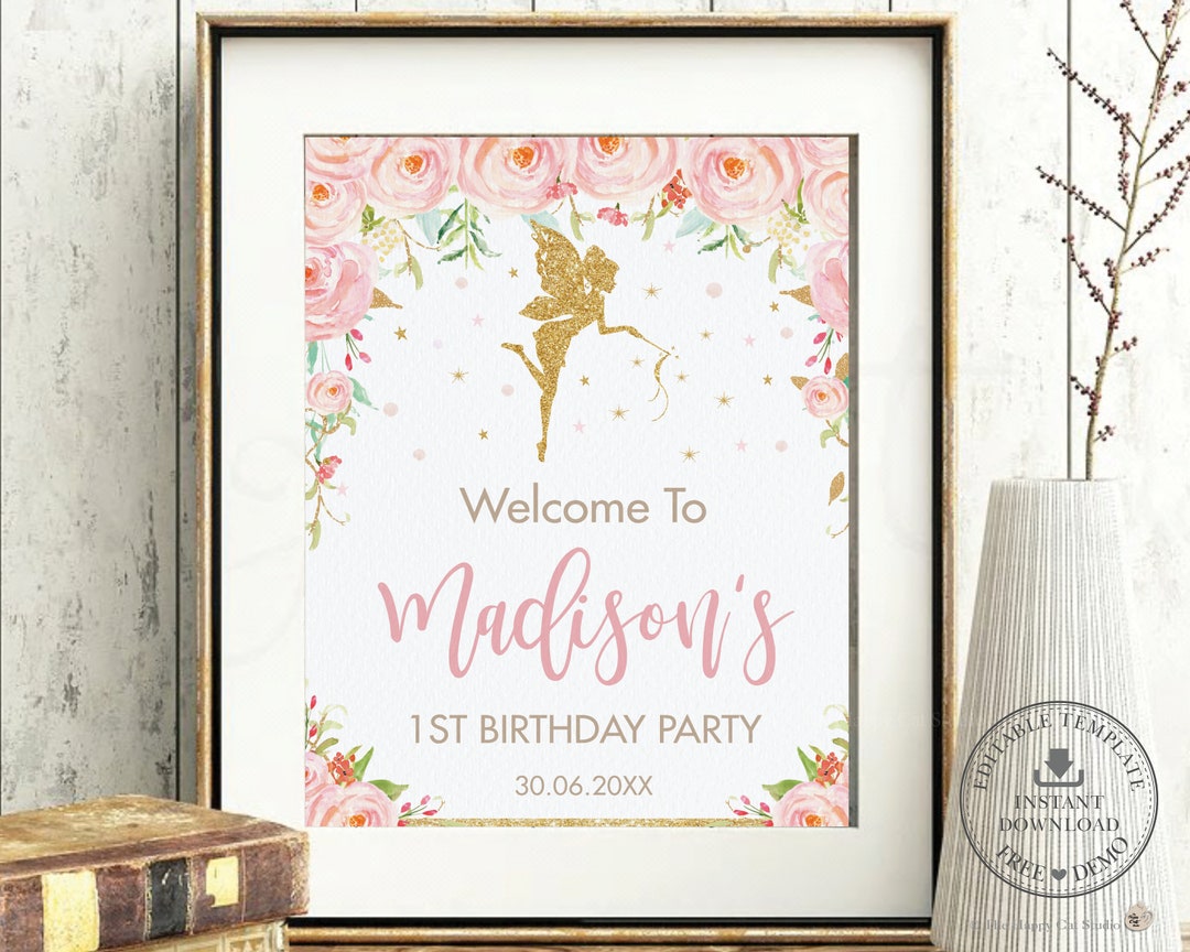 Fairy Welcome Sign, EDITABLE TEMPLATE, Diy Blush Pink Floral Gold ...