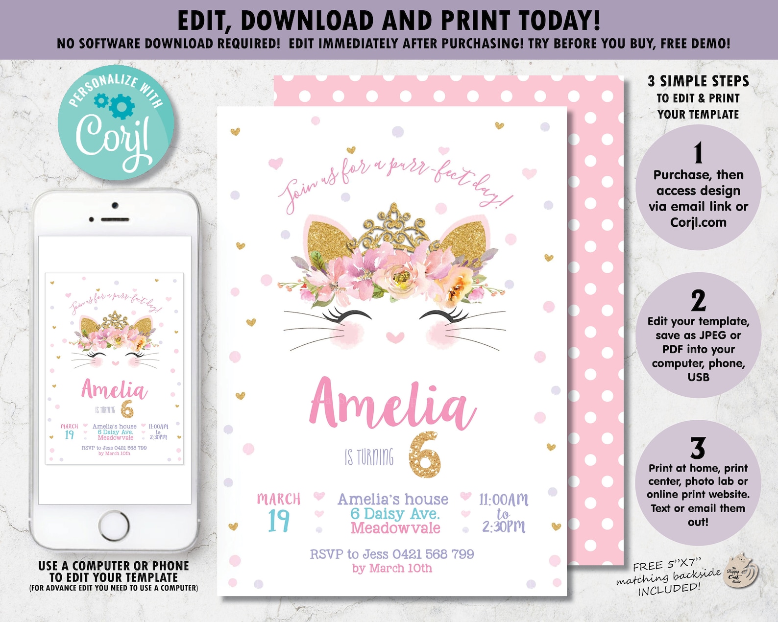 Cat Invitation Cute Kitty Invitation Instant Download - Etsy