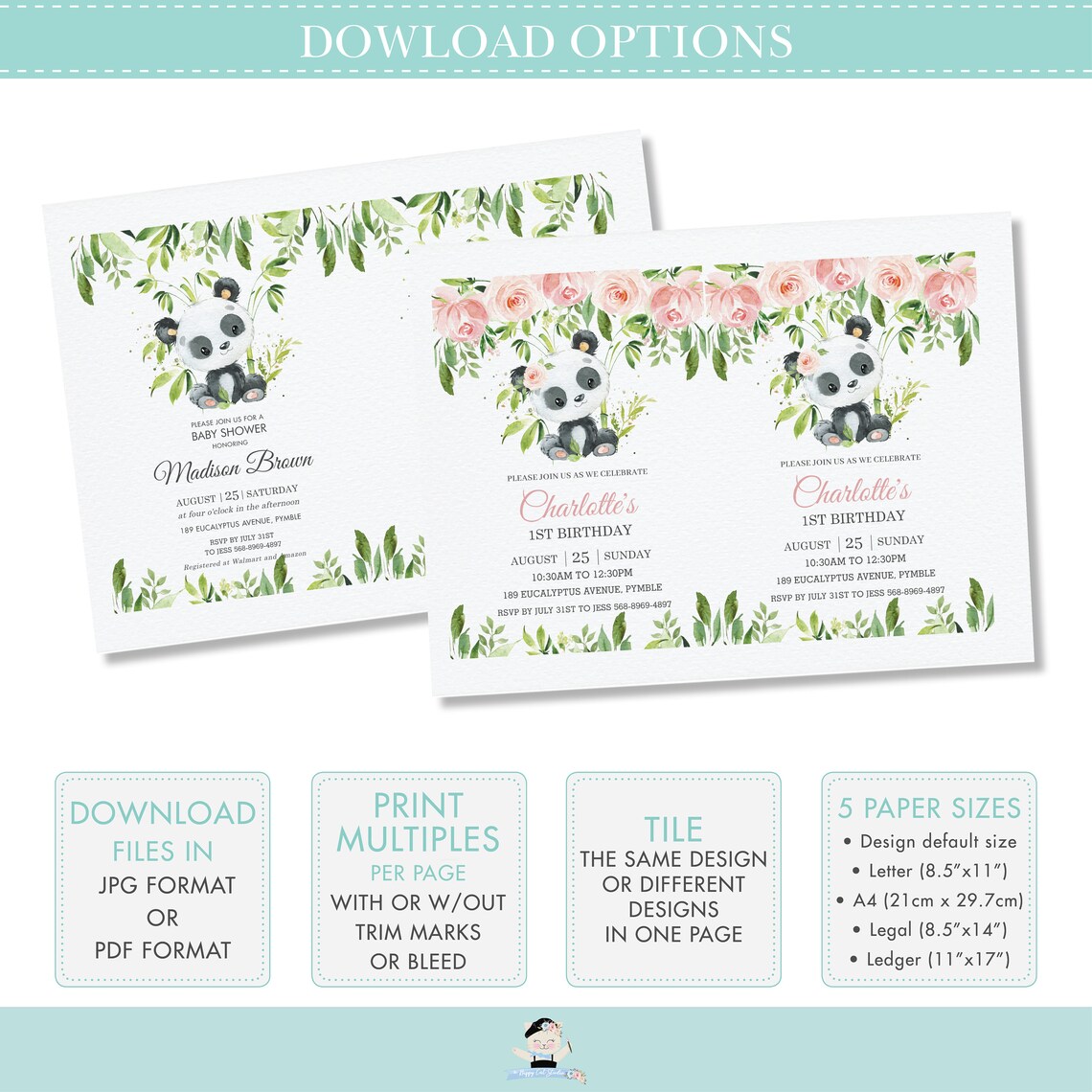 Panda Welcome Sign EDITABLE TEMPLATE Diy Pink Floral - Etsy