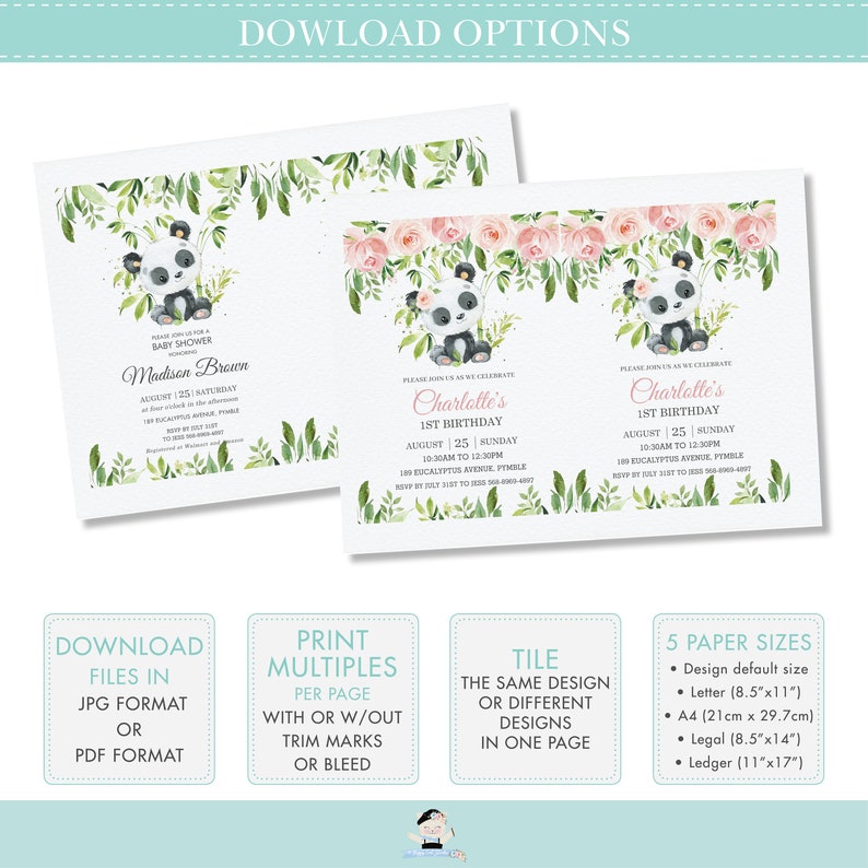 Panda Welcome Sign, EDITABLE TEMPLATE, Diy Pink Floral Greenery Cute ...