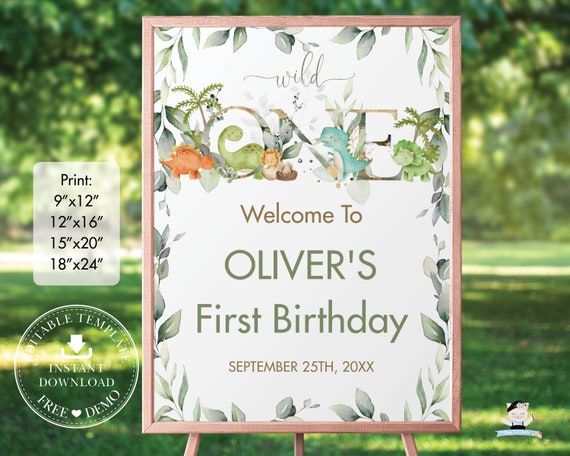 Greenery Cute Friendly Dinosaurs Welcome Sign EDITABLE TEMPLATE T-Rex ...