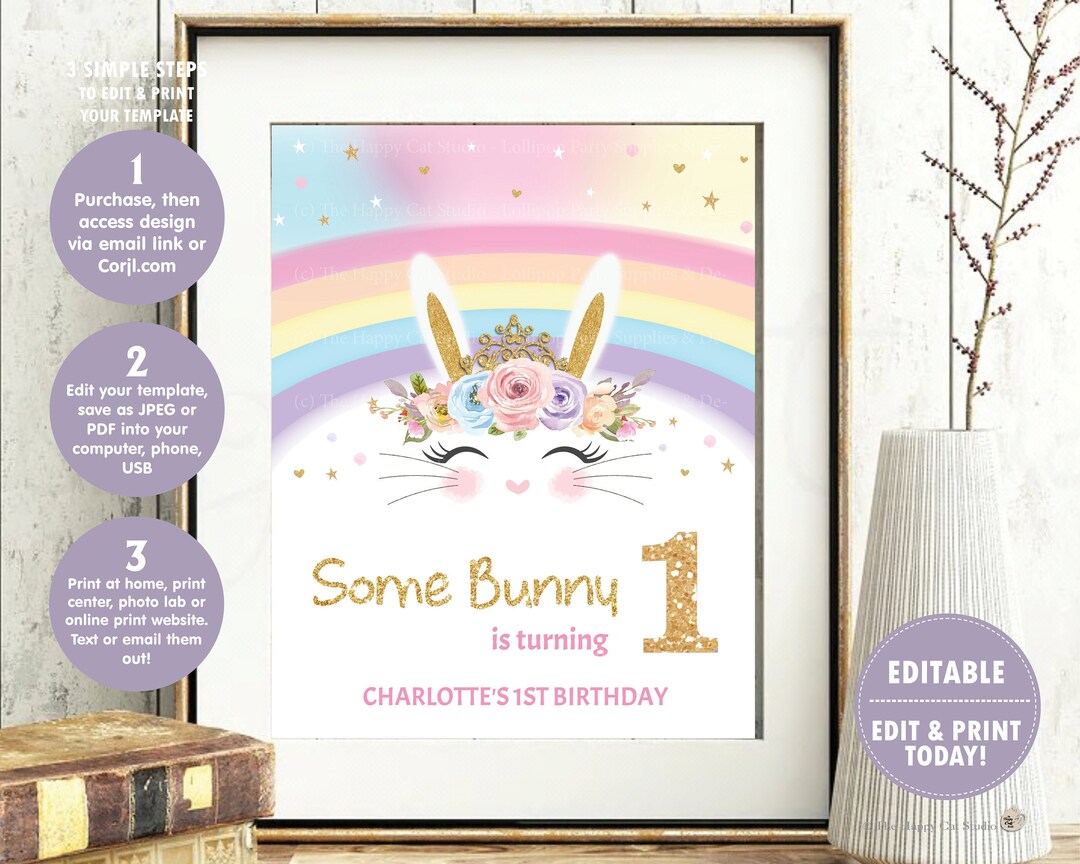 Bunny Rabbit Welcome Sign Rainbow Bunny Birthday Decor Sign - Etsy